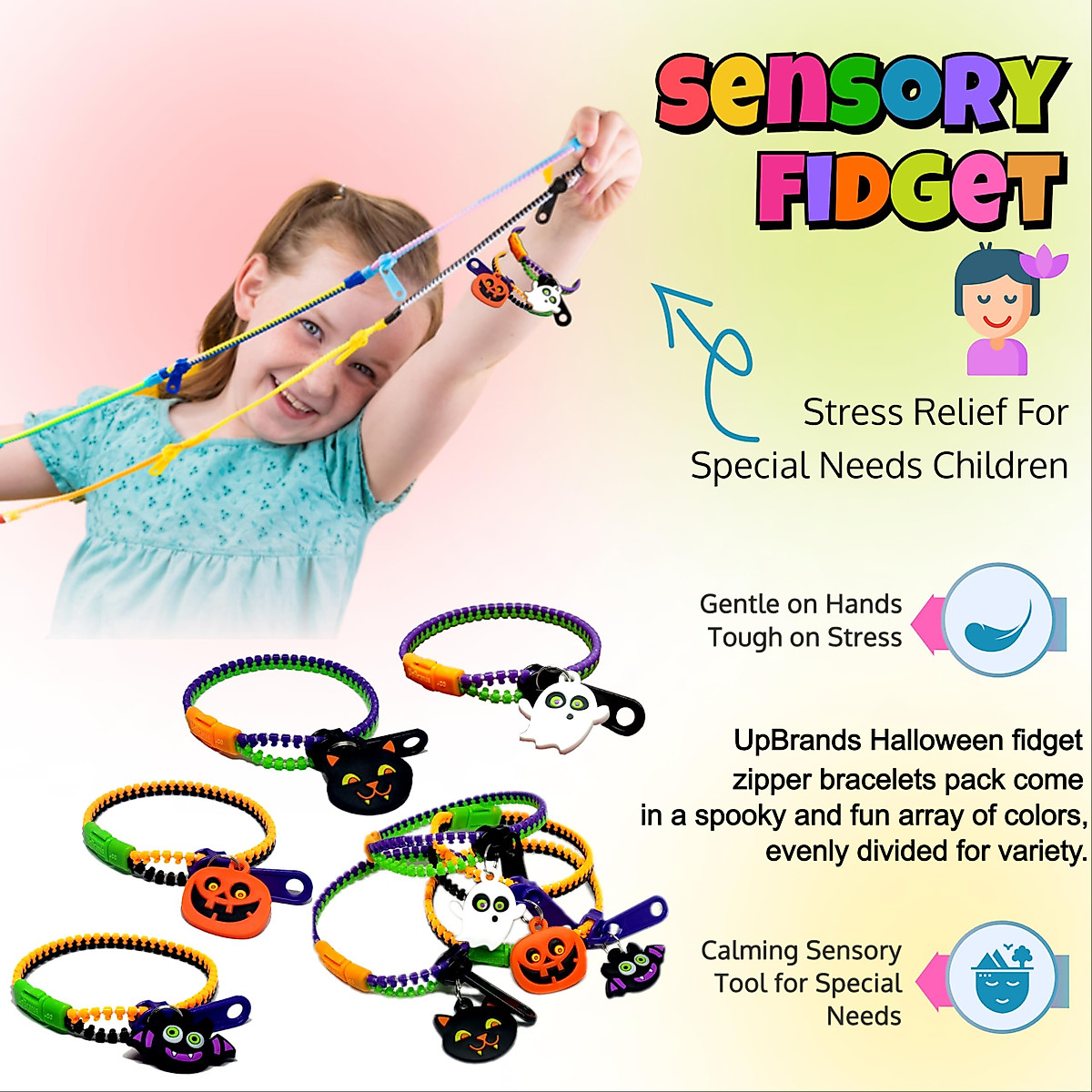 UpBrands Halloween Party Favor For Kids Zipper Bracelets Bulk Set, Kit for Birthday, Goodie Bags & Pinata Filler, Halloween Basket Stuffers, Fidget Toys, Sensory Friendship Jewelry (24 Pack)