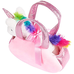 BRUBAKER Rainbow Plush Unicorn in Handbag - 8 Inches - Soft Toy in Bag - Cuddly Toy - Stuffed Animal - Pink