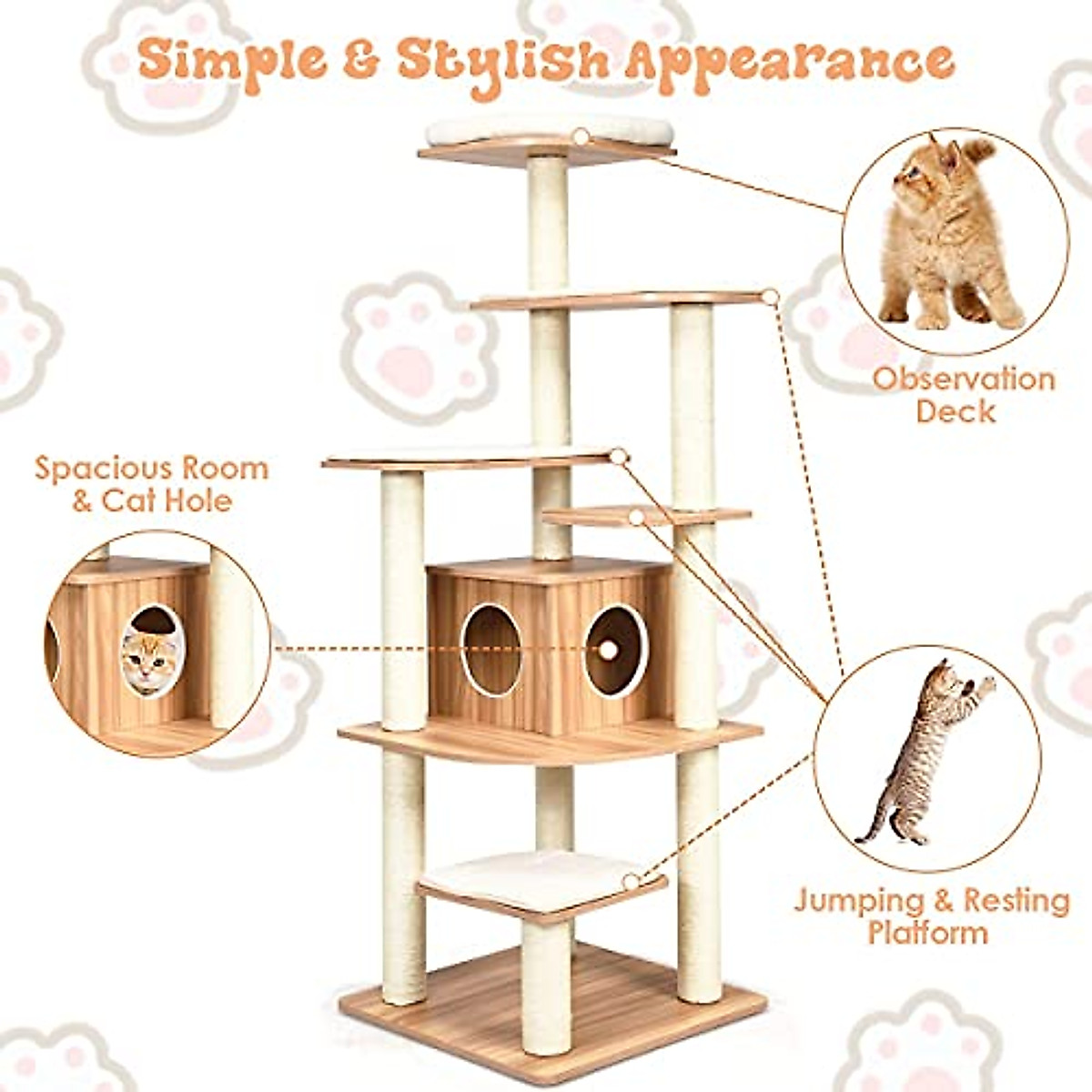 Tangkula Modern Wood Cat Tree, 69-Inch Cat Tower with Multi-Layer Platform, Tall Cat Tree with Sisal Rope Scratching Posts, Cat Condo Furniture w/Washable Plush Cushions for Large Cats Kittens