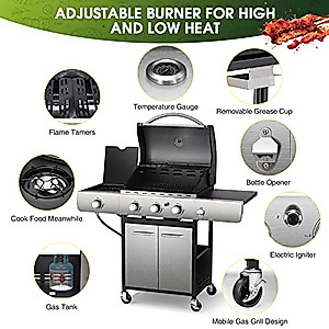 R.W.FLAME 34,000 BTU Propane Gas Grill with 3-Burner,BBQ Grill with Side Burner and Cast Iron Grates Stainless Steel Grill 486 sq. in Grilling Areas for Patio Garden Barbecue Camping,Silver