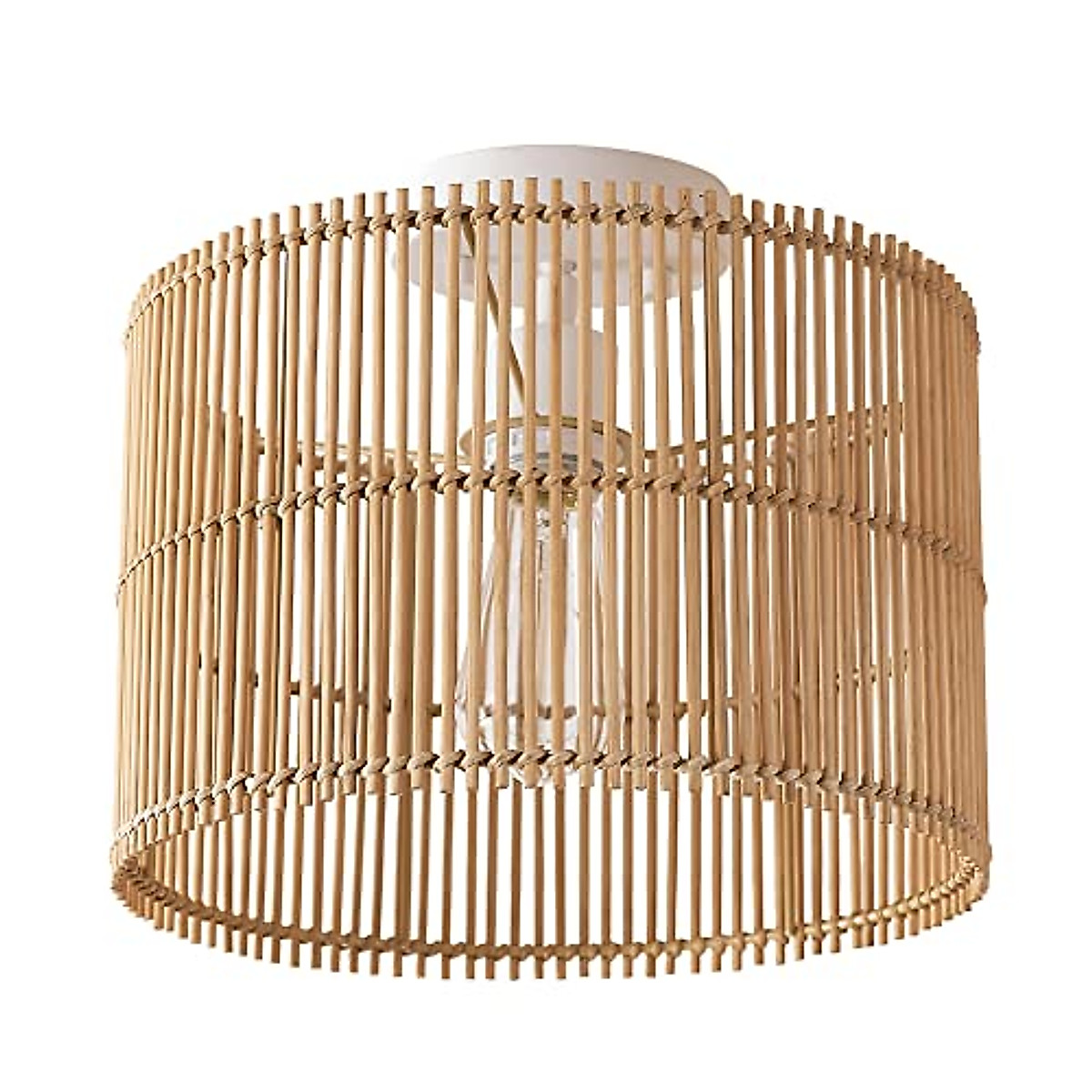 Globe Electric 65901 1-Light Flush Mount Ceiling Light, Matte White, Natural Bamboo Shade, Bulb Not Included