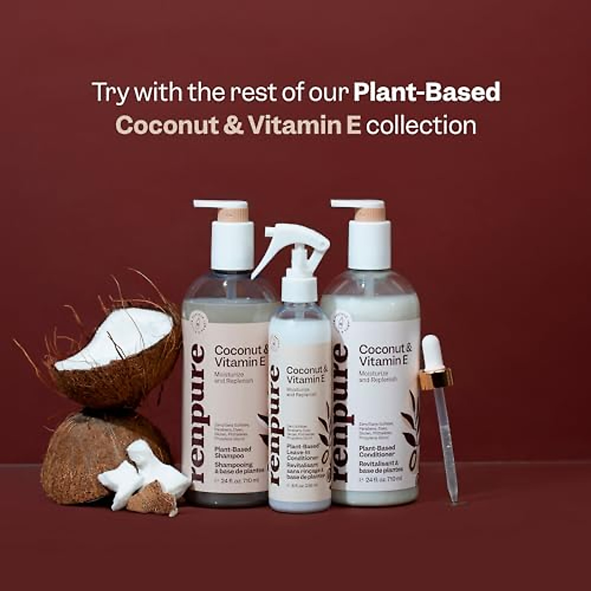 Renpure Plant Based Coconut and Vitamin E Moisturize and Replenish Conditioner - Ideal for Dry, Lifeless Hair - Leaves Hair Silky and Smooth - Paraben Free - Recyclable, Pump Bottle Design - 24 fl oz
