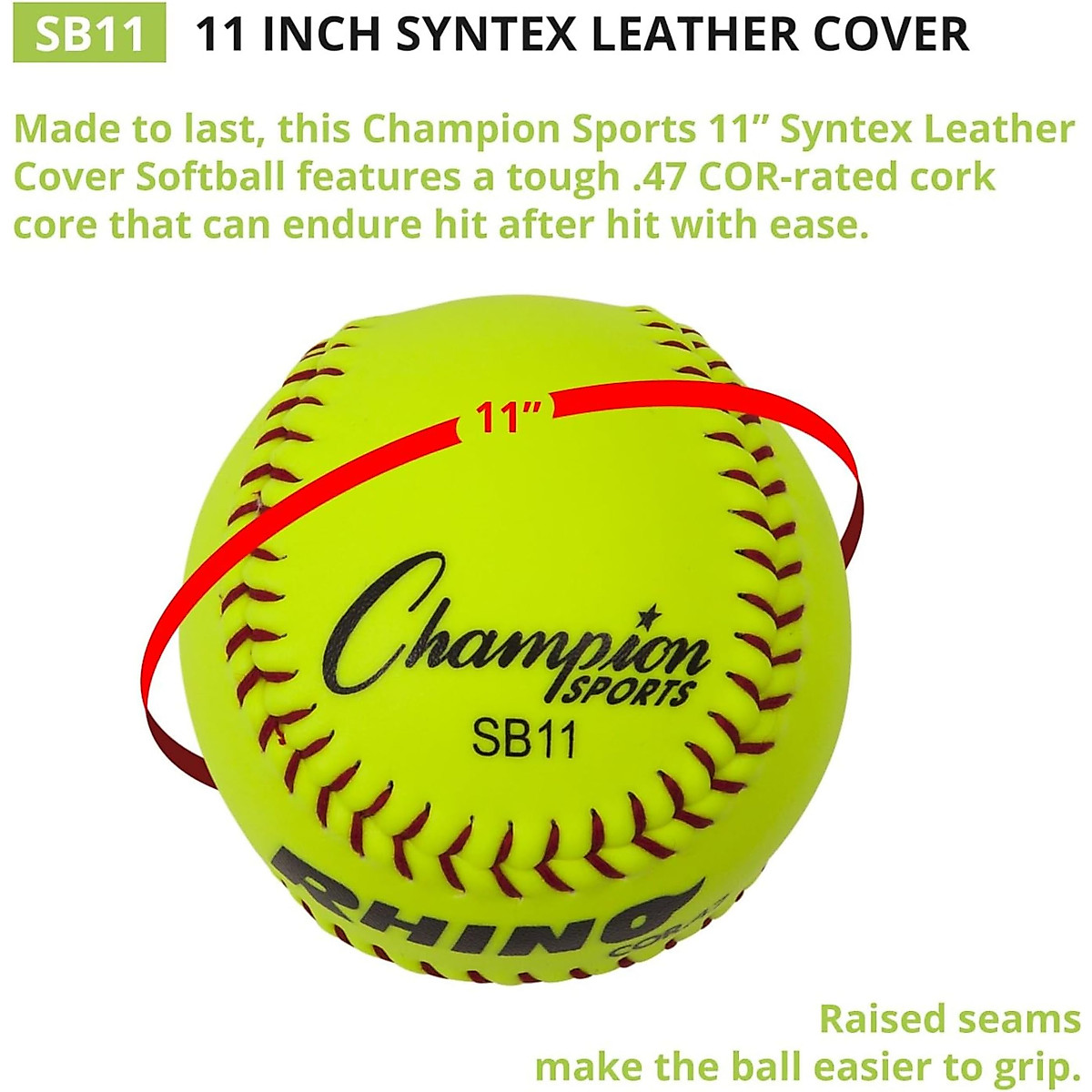 Champion Sports 11" Syntex Leather Cover Softballs - Cork Core - Medium Compression - NFHS Approved - Raised Seams - Optic Yellow - Pack of 12