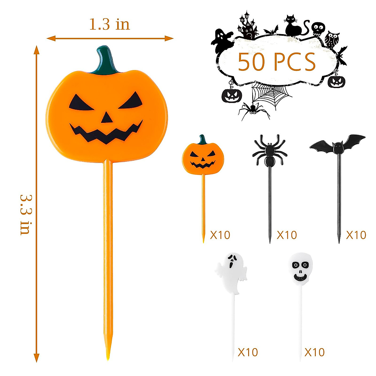 GlyinnHe 50PCS Halloween Picks Cupcake Toppers Plastic Halloween Toothpicks Halloween Cupcake Food Cocktail Appetizer Picks for Halloween Baby Shower Birthday Wedding Party Supply