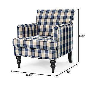 Christopher Knight Home Evete Tufted Fabric Club Chair, Blue Checkerboard, Dark Brown, 32D x 28.75W x 34.5H in