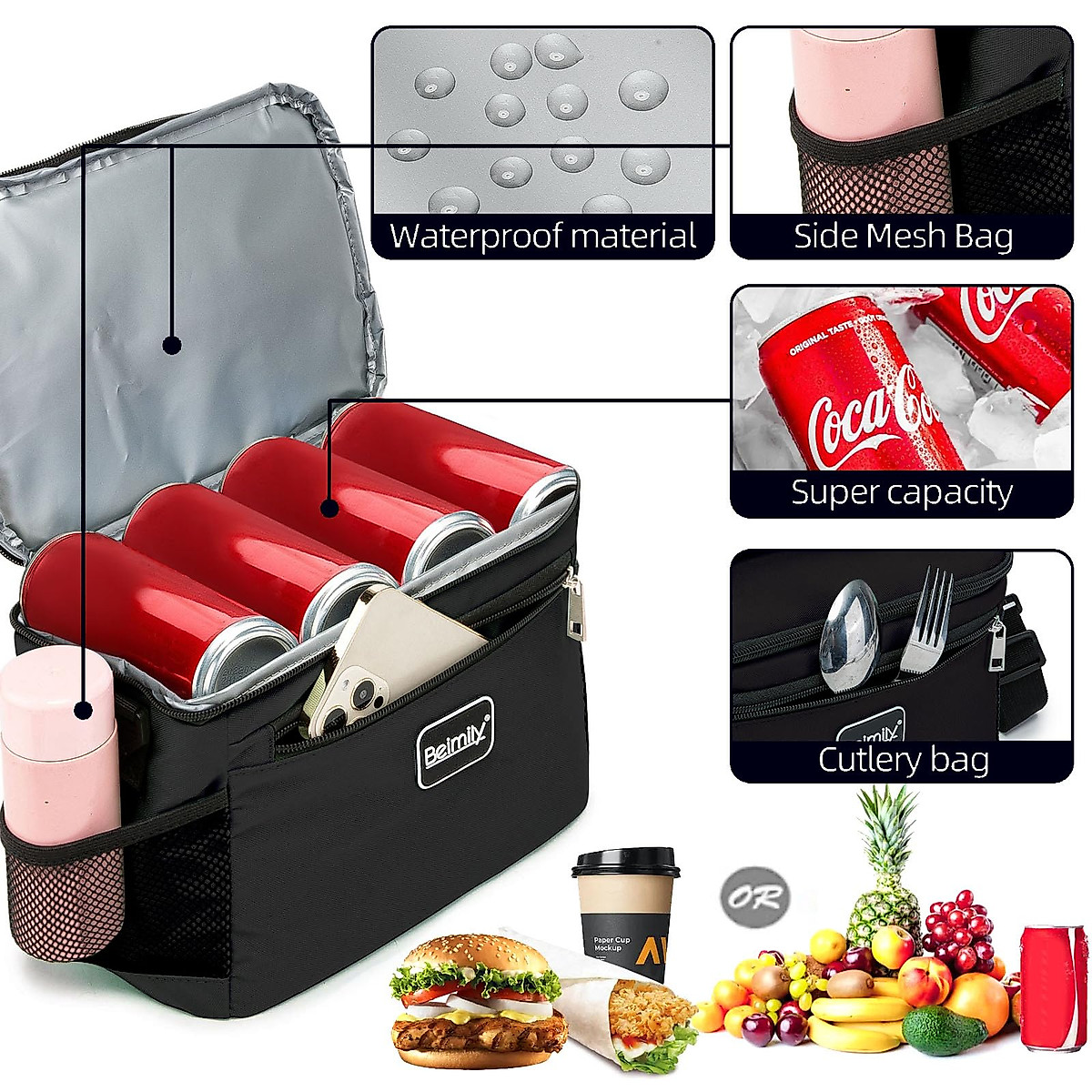 BEIMILY 2 Pack Insulated Lunch Bag Lunch Box for Women Men Insulated Cooler Lunchbox,Small Soft Sided Cooler Hand bags,lunch box for work with Adjustable Shoulder Strap (black+black),2305AC