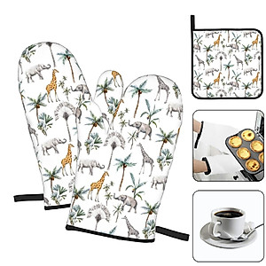 Elephant Giraffe Oven Mitts and Pot Holders Heat Resistant Anti Scald for Kitchen Cooking Baking Grilling Sets of 3