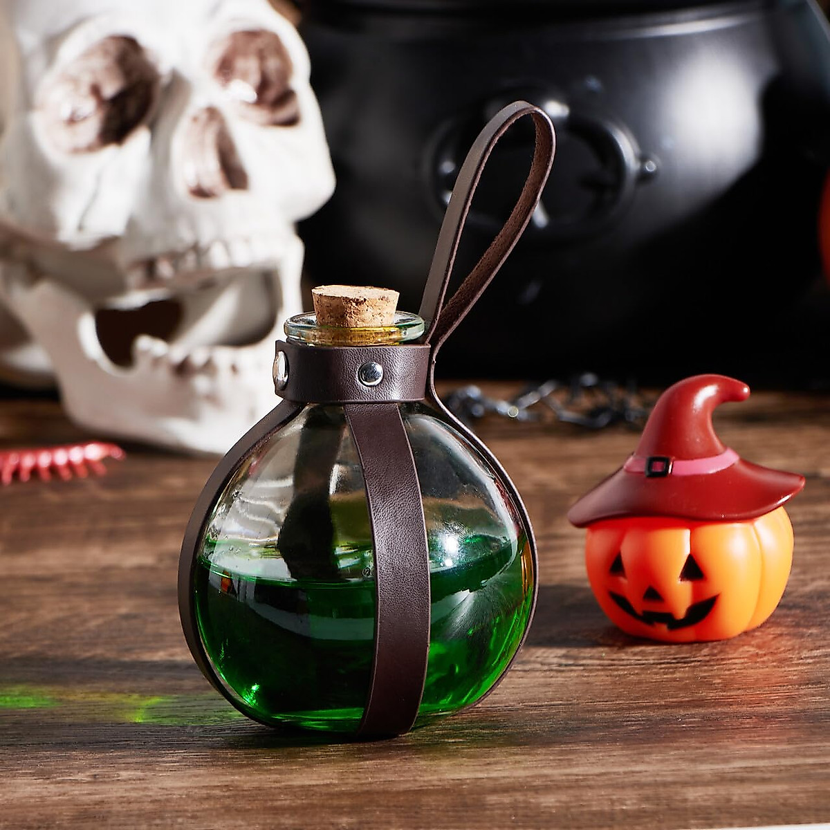 Spooktacular Creations Potion Bottles with Cork, Magic Round Glass Bottles prop with Cork Stopper and Faux Leather holster Loop Accessories for Halloween Mystic Sorcery Witch Costumes Party