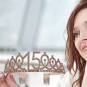 Ceqiny 15th Birthday Sash Tiara and Crowns for Girls, Birthday Queen Rose Gold Tiara, Princess Tiara Rhinestone Headbands with Combs Bridal Wedding Tiaras for Wedding Prom Bridal Party Christmas