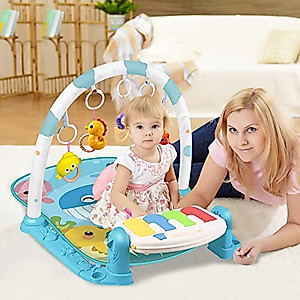 Nutsball Baby Gym Play Mat, Kick and Play Piano Gym Mat with Music and Lights, Tummy Time Musical Activity Center for Infants Toddlers (Ocean World Blue)