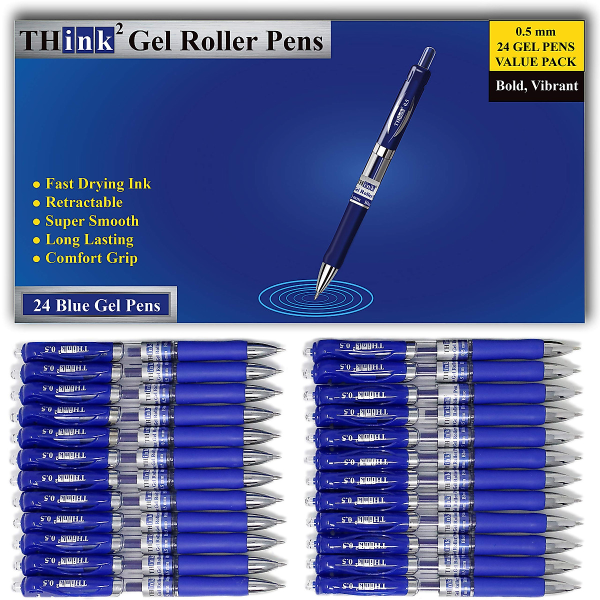 THINK2MASTER [24 Pens - Blue Ink] Think2 Retractable Gel Pens. (24 Blue) Fine Point (0.5mm) Rollerball Pens with Comfort Grip.