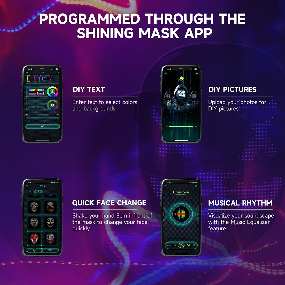 Funle Led Mask with App Controlled,Programmable LED Halloween Mask,Digital Mask for Costume Cosplay Party Masquerade