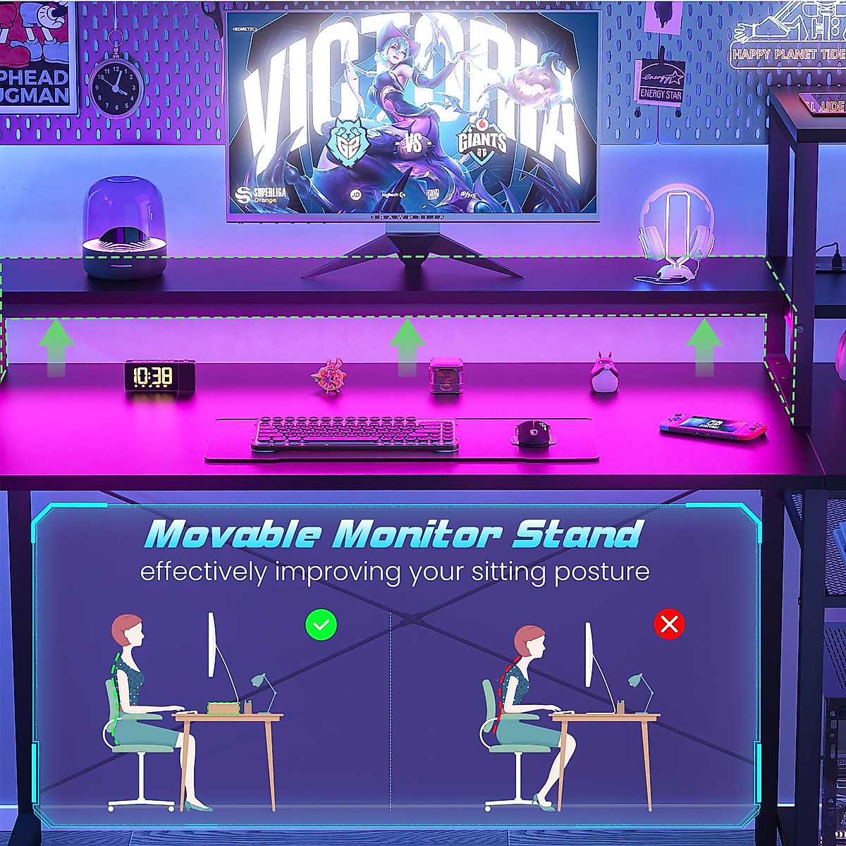 Besiost Gaming Desk with Lights & Power Outlets, 39.4' Computer Desk with Shelves, Small Desk for Small Space, Writing Desk with Monitor Stand, Black