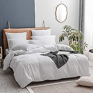 Merryfeel Seersucker Duvet Cover Set Queen Size - White Seersucker Textured Striped Bedding Set 3 Pieces (1 Duvet Cover + 2 Pillow Shams, 90 x 90 inches)