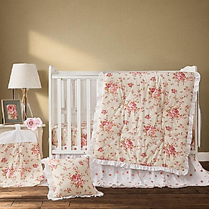 Brandream Crib Bedding Sets for Girls Baby Nursery Bedding Set Crib Comforter Set 100% Cotton - 6Pcs, Beige Farmhouse Country Flower Botanical Blossom Style Lace Crib Bed Skirt Set