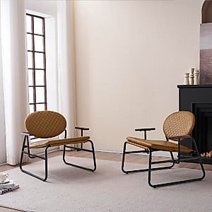 Penifun Accent Metal Frame, PU Leather Upholstered Comfy Oval Back with Lattic, Side Leisure Lounge Arm Chairs Armchairs for Living Room, Bedroom, Brown