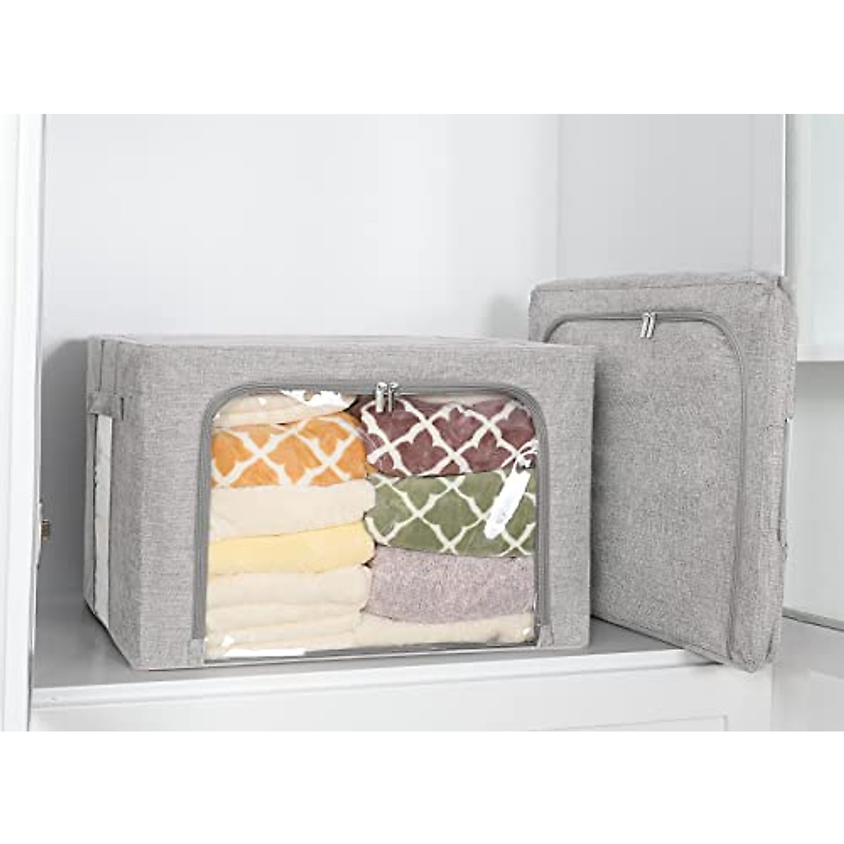 2 Pack Clothes Storage Bins - Foldable Metal Frame Storage Box - Stackable Linen Fabric Organizer Set with Carrying Handles