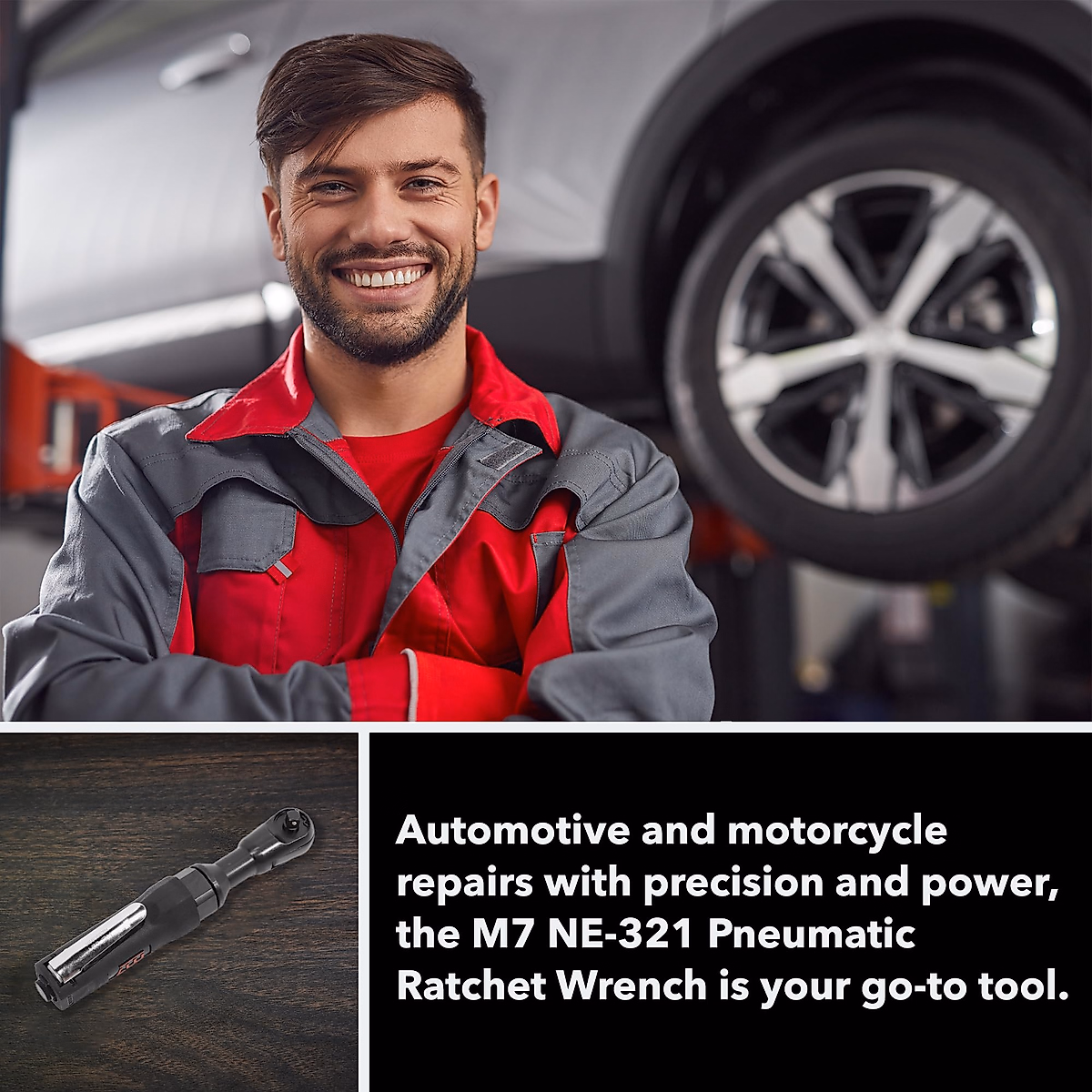 M7 NE-321 3/8-inch Pneumatic Ratchet Wrench, Compact and Lightweight 3/8 Torque Wrench for Auto Repair, Mechanic Tool with 69 ft-lb Maximum Reverse Torque, Ergonomic Air Tool with High Performance