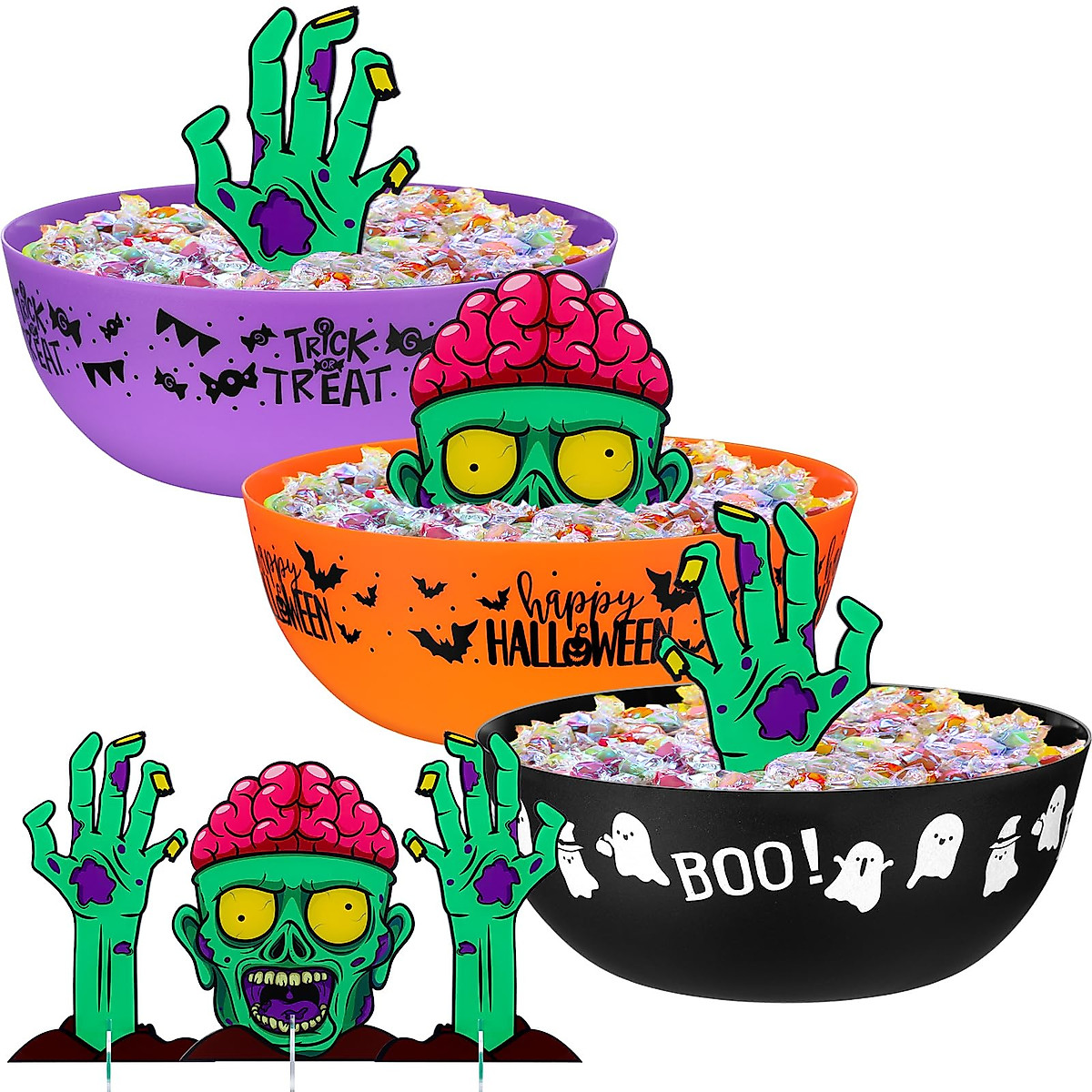 Tioncy 3 Set Large Halloween Candy Bowl with Spooky Zombie Head Hand,Plastic Trick Treat Candy Bowl Dish Halloween Serving Bowl Candy Holders Halloween Party Supplies Home Decor