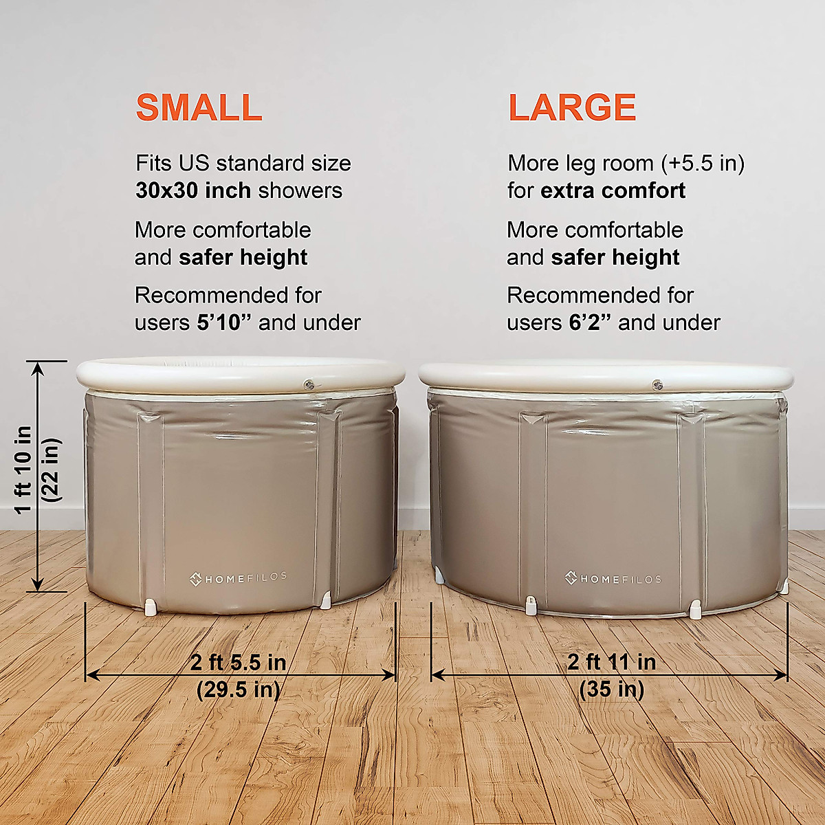 Portable Bathtub (Large) by Homefilos, Ice Bath and Cold Plunge for Athletes, Inflatable Adult Size Japanese Soaking Hot Tub for Shower Stall