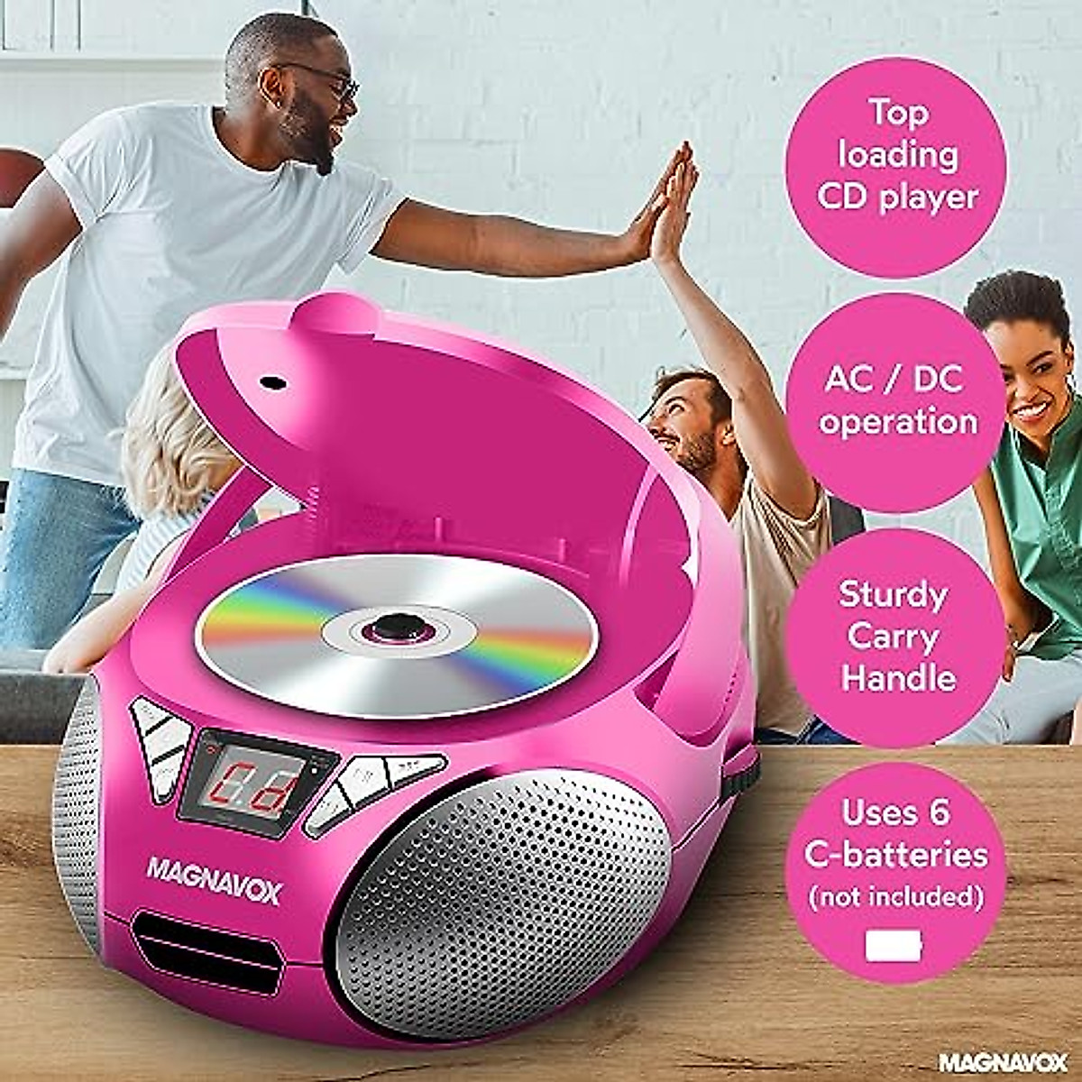 Magnavox MD6924 Portable Top Loading CD Boombox with AM/FM Stereo Radio in Black | CD-R/CD-RW Compatible | LED Display | AUX Port Supported | Programmable CD Player | (Pink)