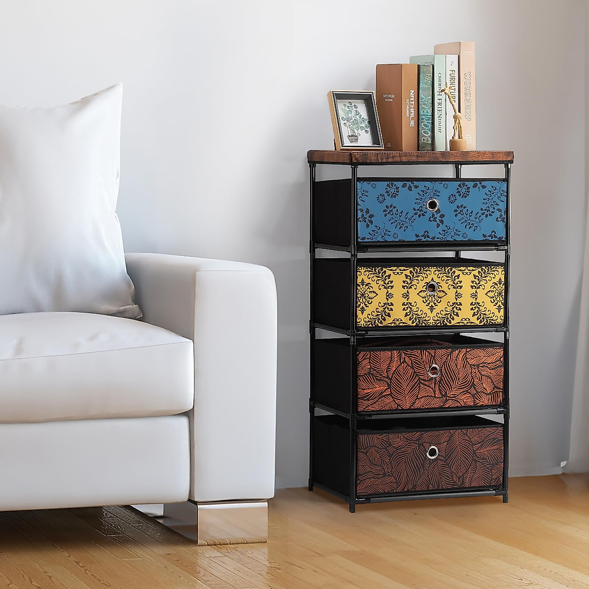 Dresser for Bedroom, 4 Tier Fabric Dresser Tower for Clothes, Drawers Storage with Four Drawers Nightstand with Drawers Retro Cloth Dressers for Bedroom, 16.5 * 12.9 * 33.0in