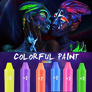 12 Pieces Glow Body Face Paint,Neon Glow In The Black Light Face Painting Kits Makeup for Kids Adult Halloween and Parties