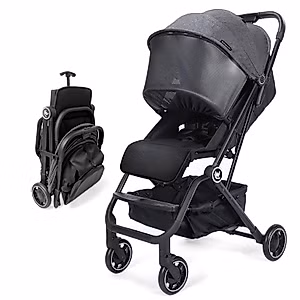 Rollingsurfer Lightweight Baby Stroller, Compact Travel Stroller with Sleep Shade, Oversize Basket, One Hand Easy Foldable Stroller for Airplane Travel and More