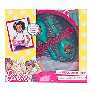 Sakar Barbie Six Piece Kids Drum Kit Musical Barbie Toys, Drum Set for Kids Music & Education, Comes with 4 Kids Instruments, 2 Drum Sticks, Bonus Toy Strap for Drums