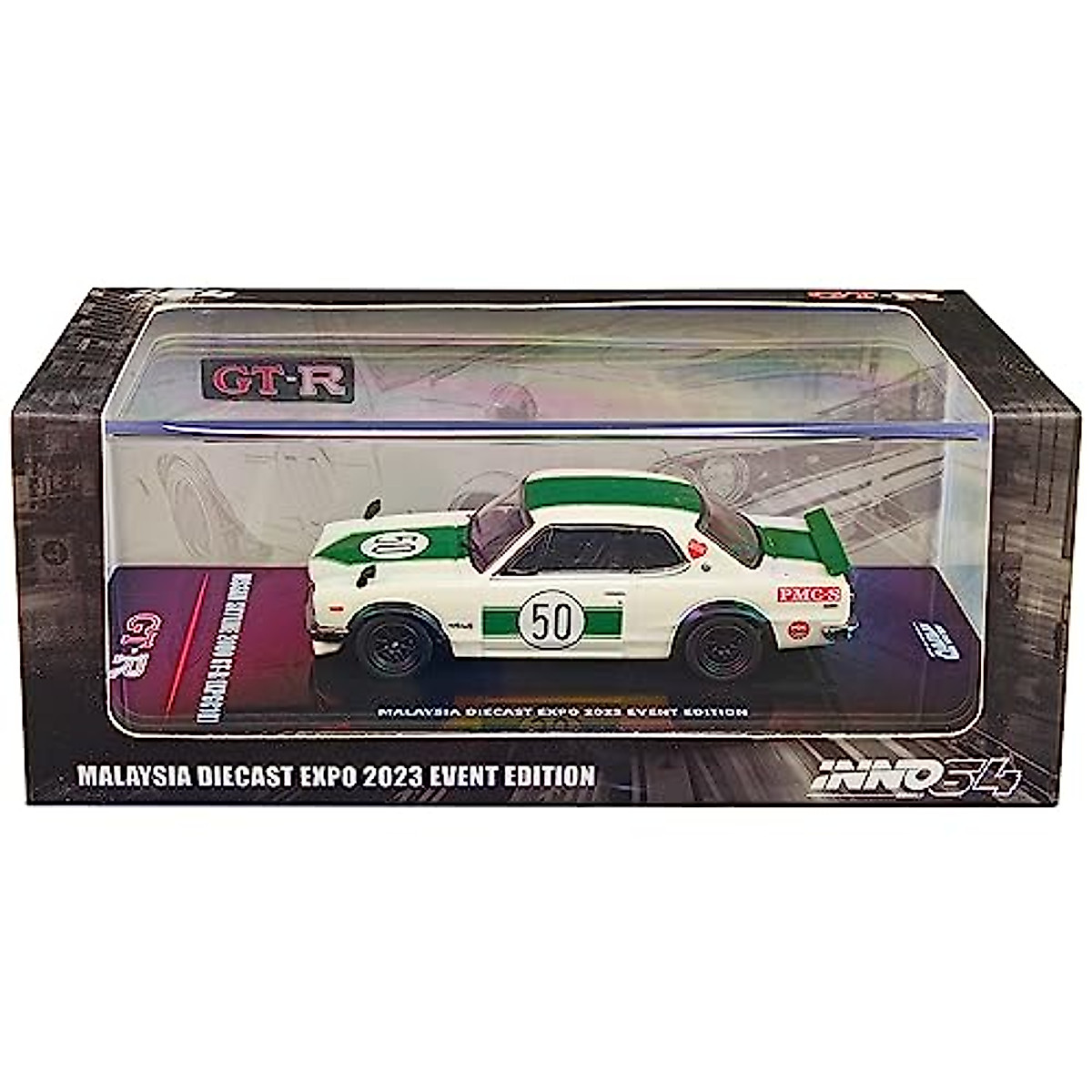 Inno Models Skyline 2000 GT-R (KPGC10) #50 RHD (Right Hand Drive) White with Green Stripes Malaysia Diecast Expo Event Edition (2023) 1/64 Diecast Model Car IN64-KPGC10-MDX23WH