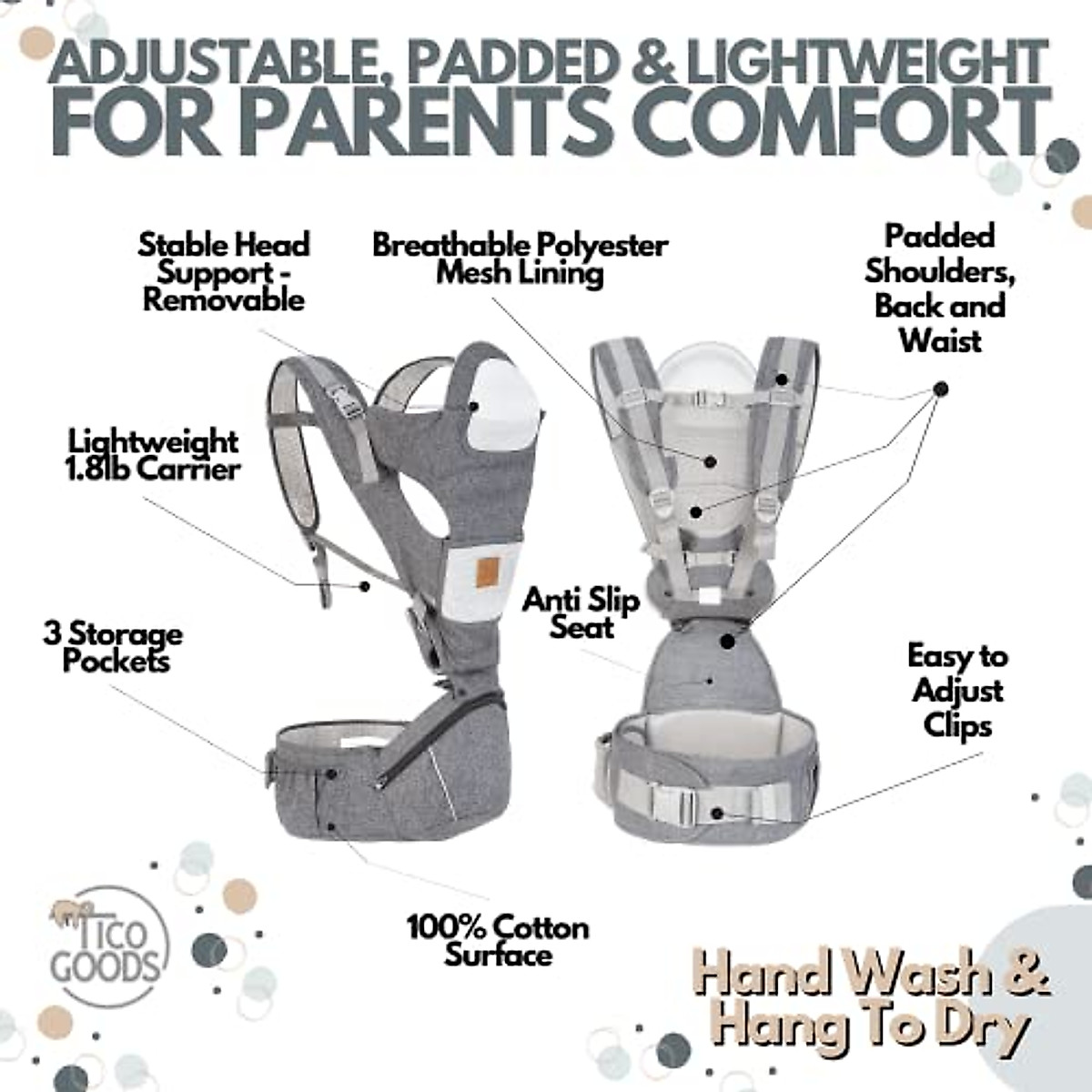 TICO GOODS Baby Carrier with Hip Seat- 6 in 1 Baby Carrier with Seat and Head Support, Baby Carrier Newborn to Toddler, Baby Carrier for Men, Baby Carrier Backpack, Kangaroo Baby Carrier 25-60 lbs