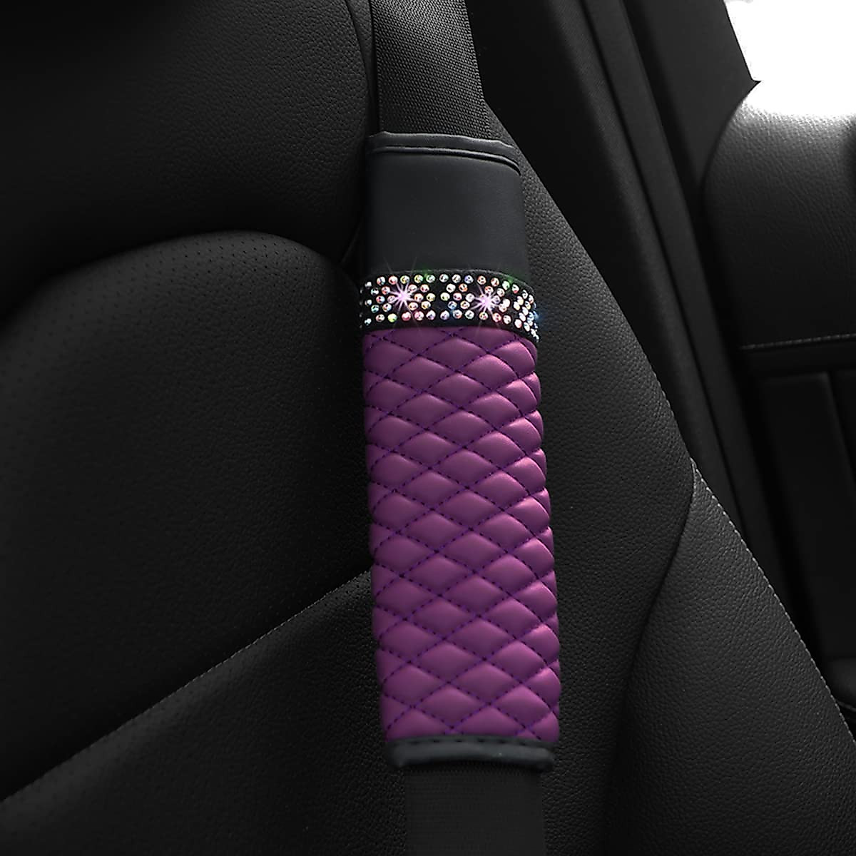 AICEL 2 Pcs Auto Seat Belt Cover, Sparkling Rhinestone Shoulder Strap for a More Comfortable Driving, Harness Pads Protect Your Neck, Accessories Compatible with All Cars and Backpack (Purple)