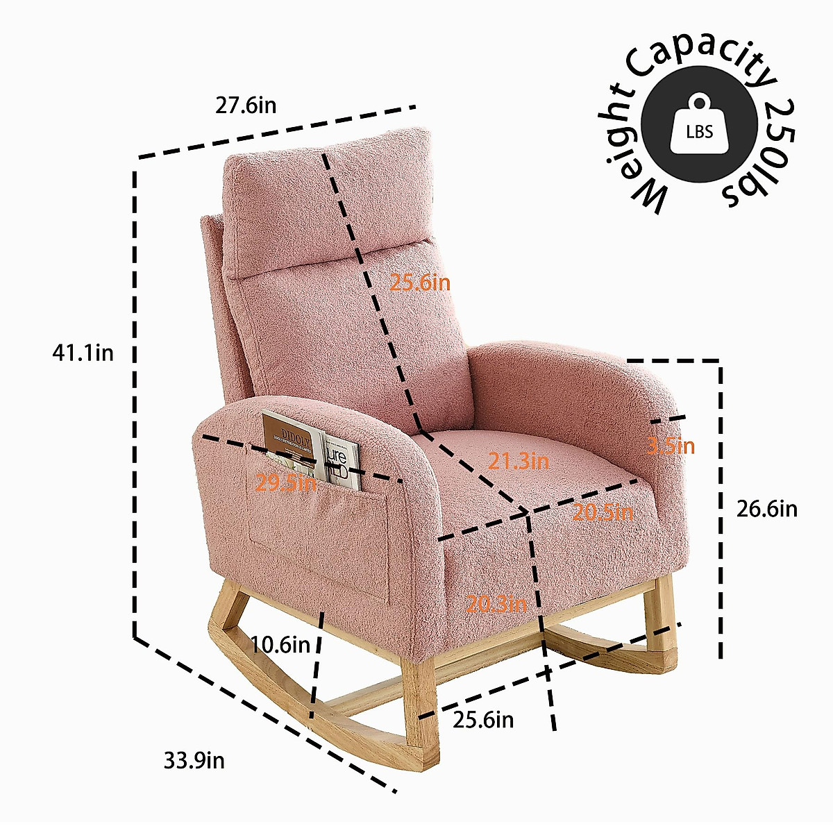 Dolonm Rocking Chair Modern Glider Chair for Baby Nursery Upholstered Rocker High Back Accent Armchair for Living Room, Bedroom, Office, Pink-Teddy