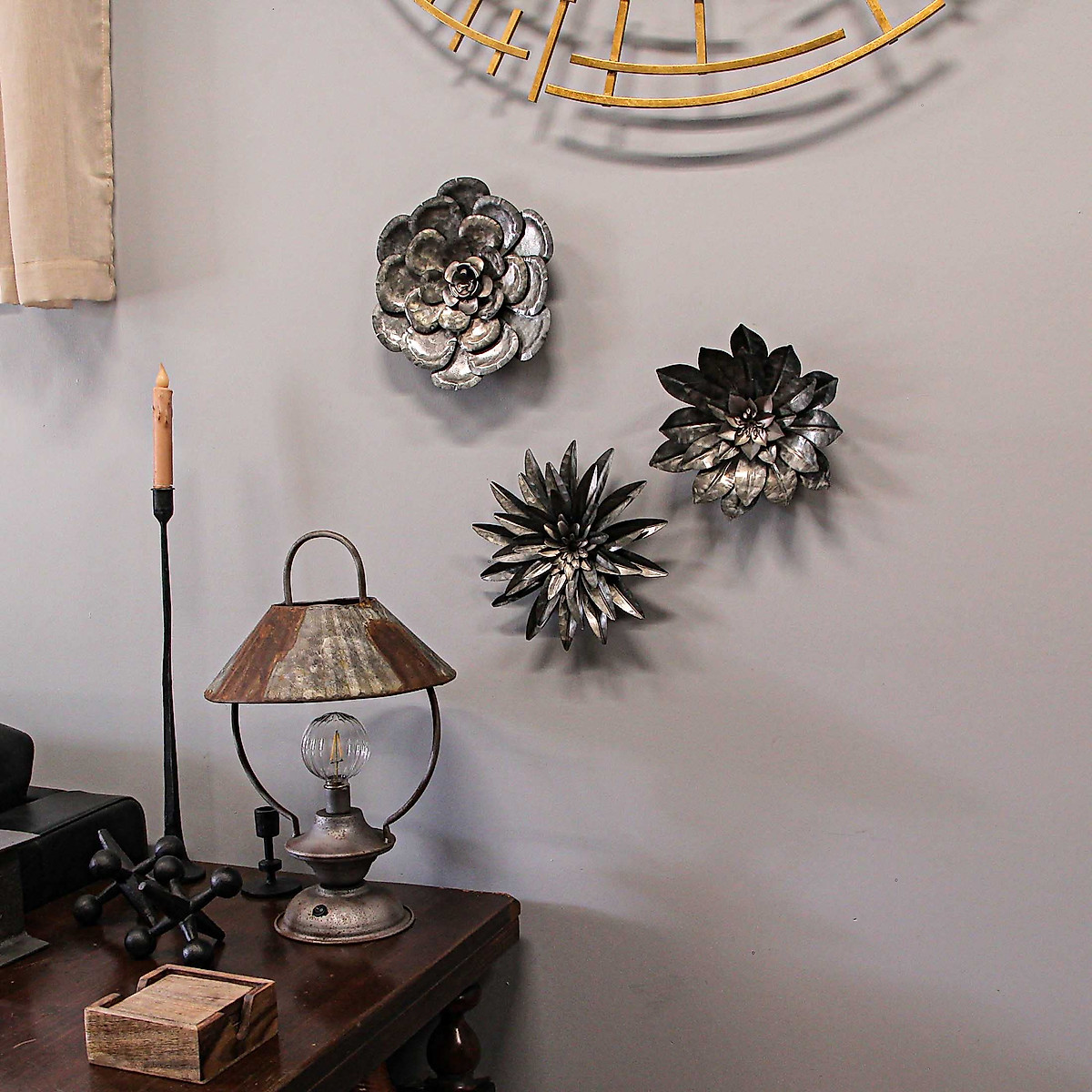 Zeckos Set of 3 Galvanized Metal Flower Wall Hanging Sculptures Home Decor Floral Art 10 Inches High - Nature Accents for Country or Farmhouse - Easy Install