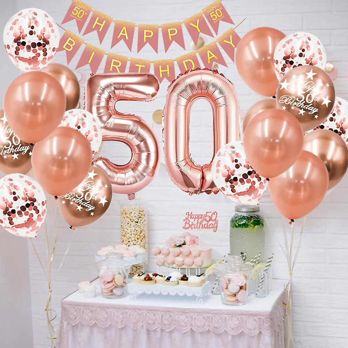 50th Birthday Decorations for Women, Rose Gold Party Supplies Balloon Garland Arch Kit with Happy Birthday Banner Tassels Confetti Balloon Number 50 Birthday Wedding Anniversary for Her