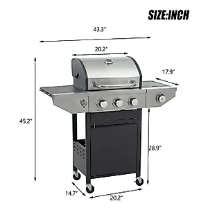 Propane Grill with Side Burner and Temperature Gauge - Stainless Steel Gas Grill with 3 Heads and 430 Thickness - Outdoor Cooking Grill with Electronic Ignition System and Cast Iron Cooking Grids