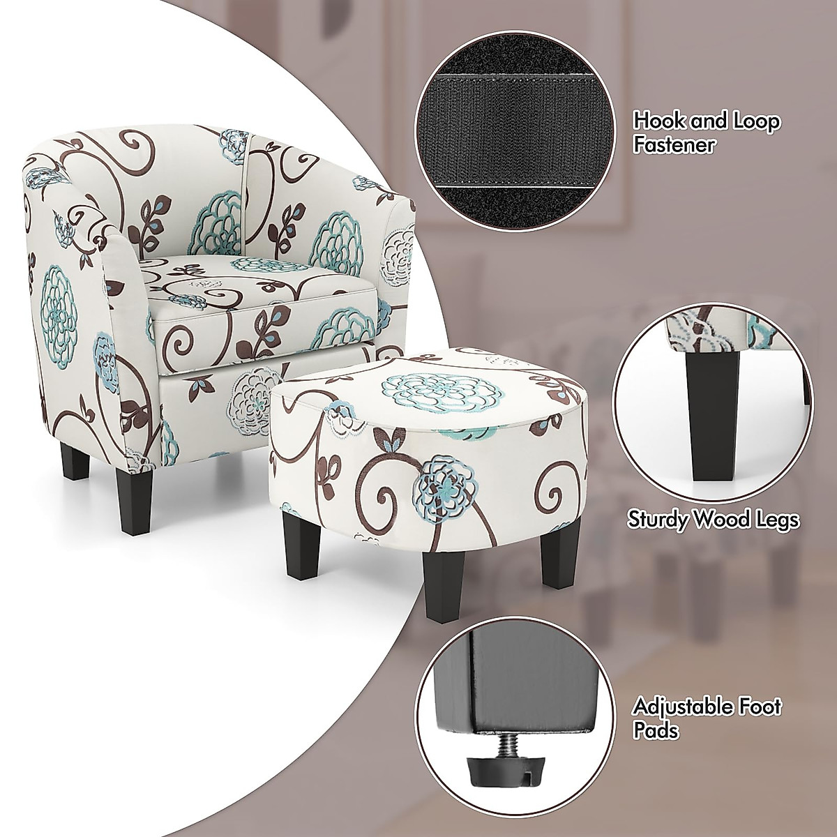 Giantex Small Accent Chair with Ottoman Set, Upholstered Barrel Chair with Footrest, Modern Accent Armchair with Ottoman, Round Club Chair for Living Room, Small Space, Bedroom (Blue Flower)