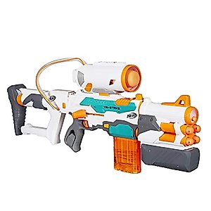 Nerf Modulus Tri-Strike Blaster, Mega Barrel, Rocket Launcher, Clip, 10 Elite Darts, 4 Mega Darts, 1 Rocket, Kids Outdoor Games (Amazon Exclusive)