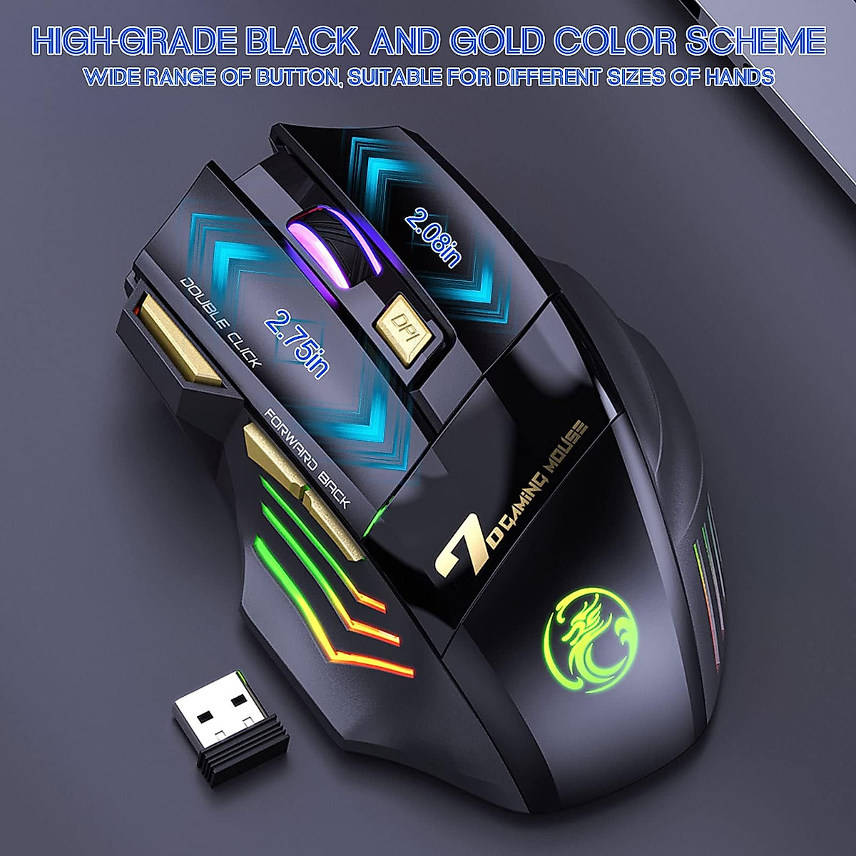 VEGCOO Wireless Gaming Mouse, Rechargeable Silent Wireless Mouse with 4800 DPI Adjustable,Double Click Key, Colorful RGB Lights, Computer Mice with Thumb Rest for PC/Mac Gamer (C26 Black)