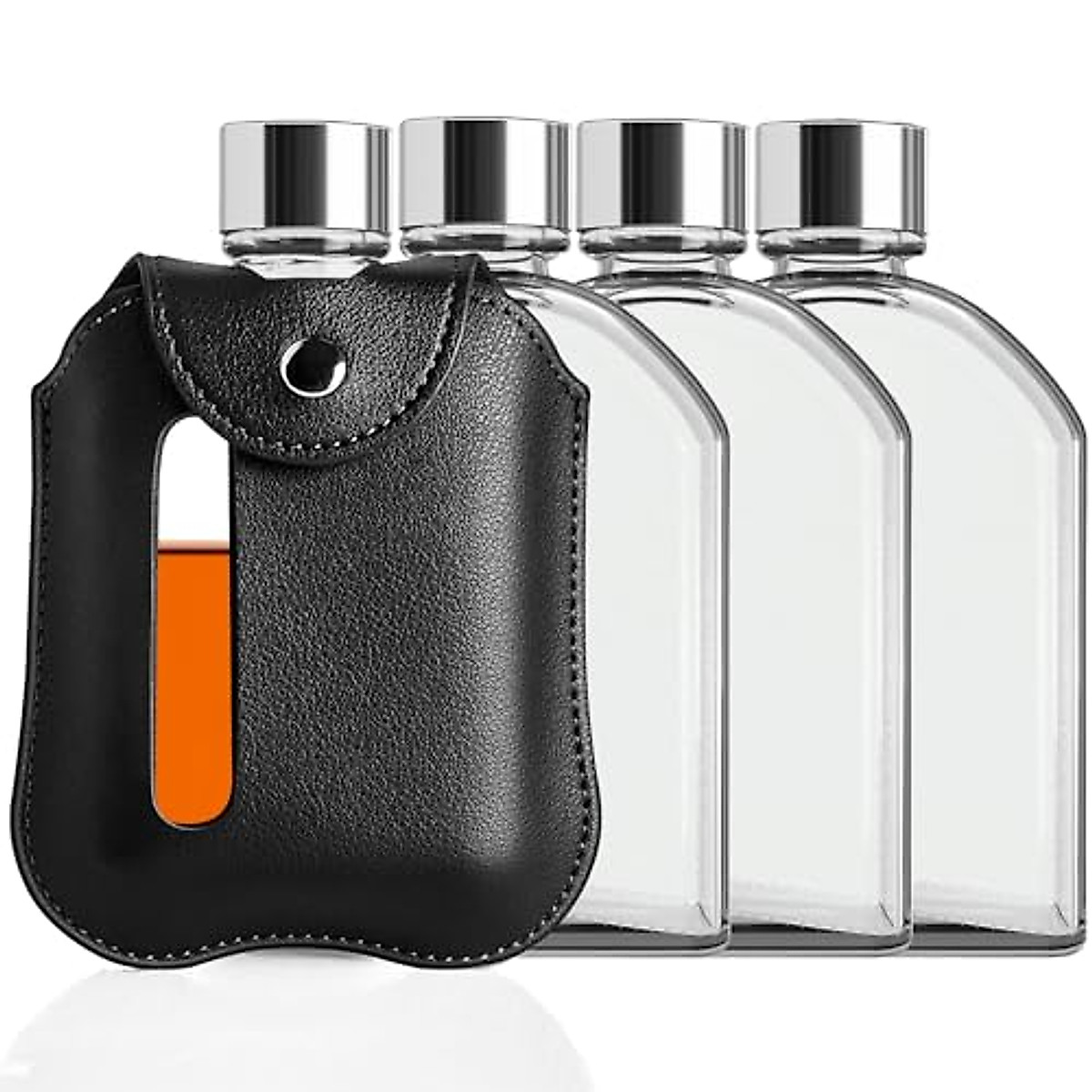 Delove Small Modern Glass Hip Flask with Removable Leather Sleeve - Durable Whiskey Flask for Men & Women - Leather Glass Flask for Liquor & Spirits,Wine (4oz x 4, Black)