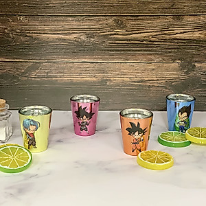 JUST FUNKY Dragon Ball Super Mini Glass Set | 2 Oz Shot Glasses Set of 4 | Featuring Trunks, Goku Black, Goku, and Vegeta Including their Super forms | Officially Licensed