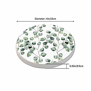 Pznen Eucalyptus Round Leaf Coasters Set for Wood Table Green Branches and Leaves Twig Natural Plant Foliage Tabletop Protection Mat for Mugs and Cups 4 Inch for Kitchen Office Home