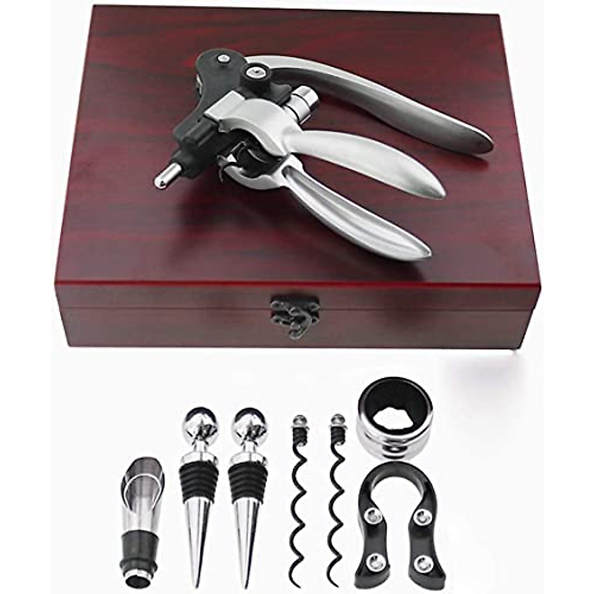 Wine Opener Set, 8 Pieces Manual Red Wine Bottle Opener with Classic Wood Case, Corkscrew for Wine Bottles, Stainless Steel Wine Opener Kit for Valentines Day Wine Gift Set