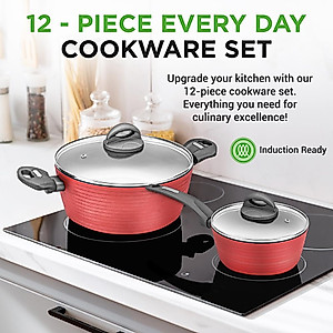 NutriChef Professional 12-Piece Red Nonstick Cookware - PFOA/PFOS-Free, Heat Resistant Lacquer, Elegant Design, Multi-Sized Pots and Pans