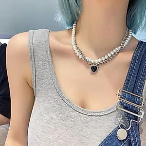 Women Y2K Aesthetic Heart Charm Faux Pearl Layered Chain Necklace Gothic Choker Necklace Jewelry Punk Y2k Fashion Outfit Retro Fairy Grunge Accessories, Black Heart, One Size