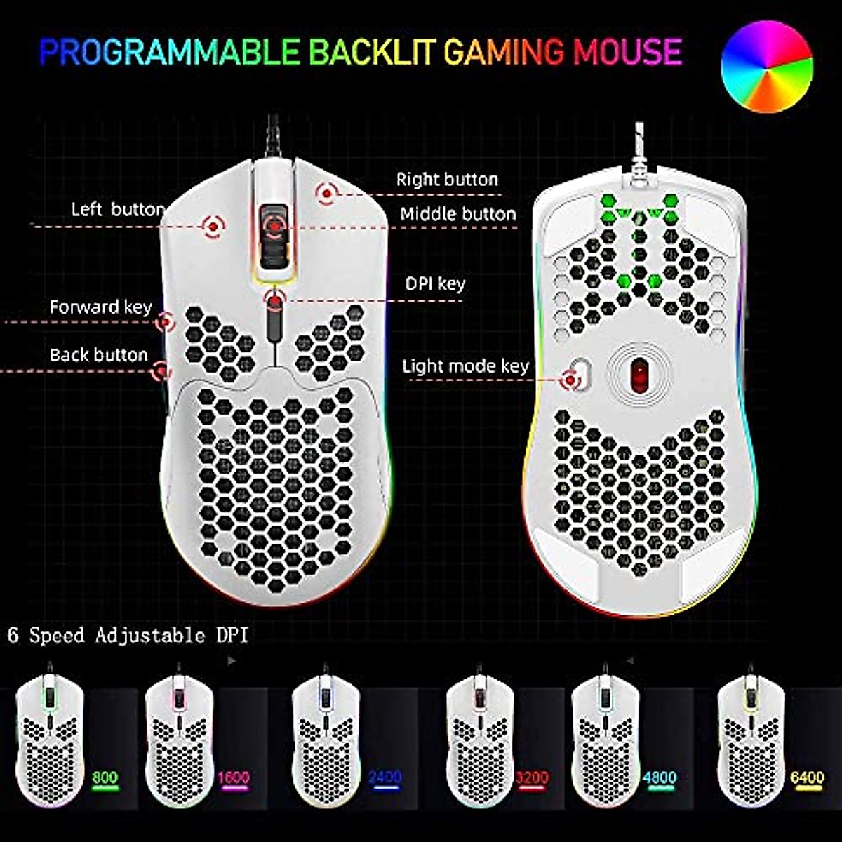 60% True Mechanical Gaming Keyboard Mouse Set, Type C Wired 61 Keys Layout Rainbow LED Backlit USB Waterproof Keyboard Anti-ghosting Keys+Lightweight RGB Mice 6400DPI for Computer/PC/Laptop/MAC(White)