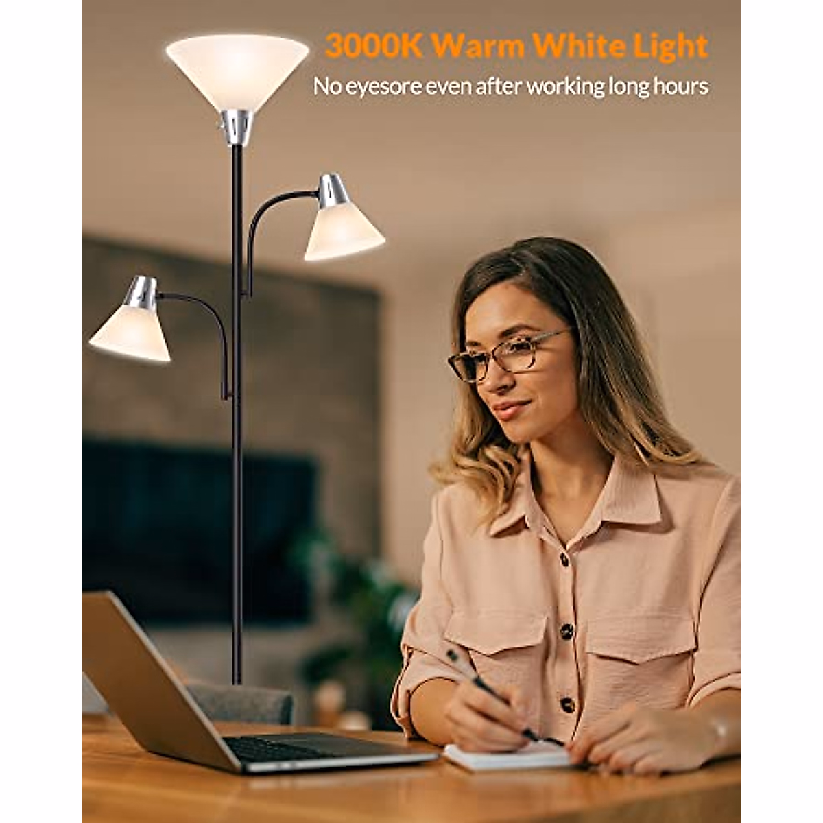 LEPOWER Floor Lamp with Replaceable 3000K Energy-Saving LED Bulbs , 9W LED Standing Lamp with 5W Adjustable Reading Lights, Modern Bright Black Floor Lamp for Living Room, Bedroom, Office
