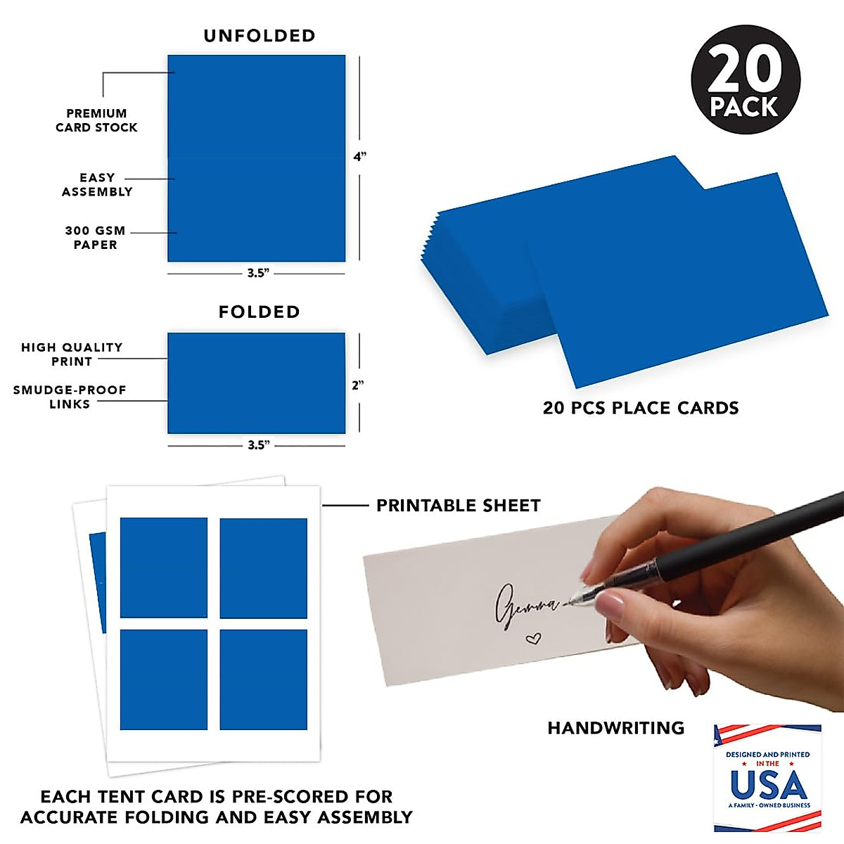 Andaz Press Table Tent Printable Place Cards, Royal Blue 20-Pack, Seat Placement Cards Place cards Table Settings Name Cards for Baby Bridal Wedding Shower, School Graduation Food Cards