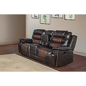 New Classic Furniture Nikko Faux Leather Manual Console Loveseat with Dual Recliners, Brown