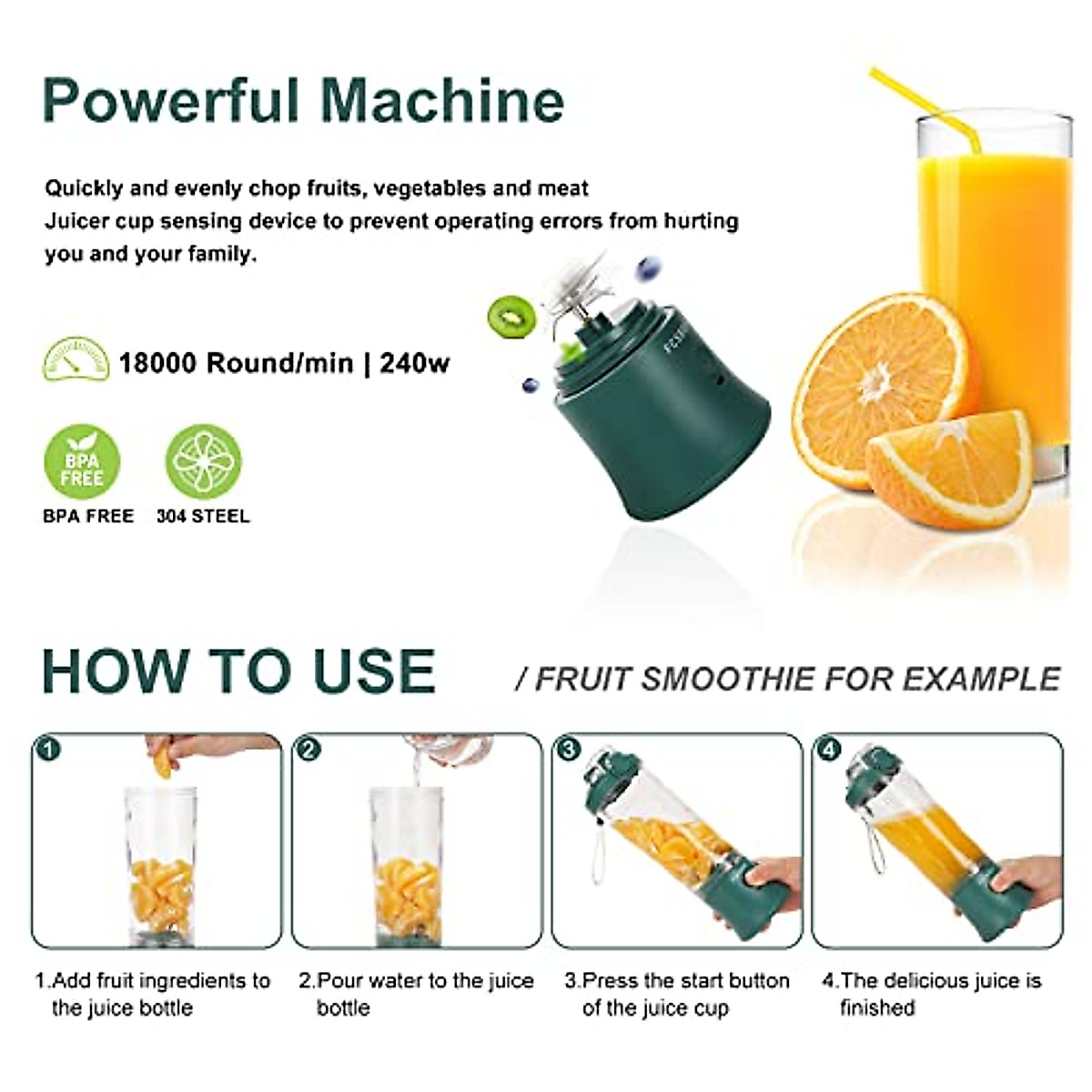 Portable Blender, Personal Blender for Shakes and Smoothies, USB Rechargeable 600Ml Juicer Cup, Mini Blender with Six Strong Stainless-Steel Blades for Kitchen, Camping, Travel (Green)